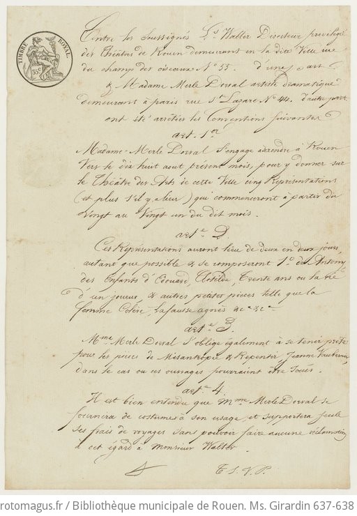 Collection d'autographes de Jean Girardin. Contrat manuscrit concernant ...